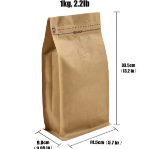 50 Pieces 1 Kg Kraft Paper Stand Up Coffee Bag/Flat Bottom Pouch with Air Release Valve and Reusable Side Zipper. (50pcs, 2.2lb/32oz/1kg)