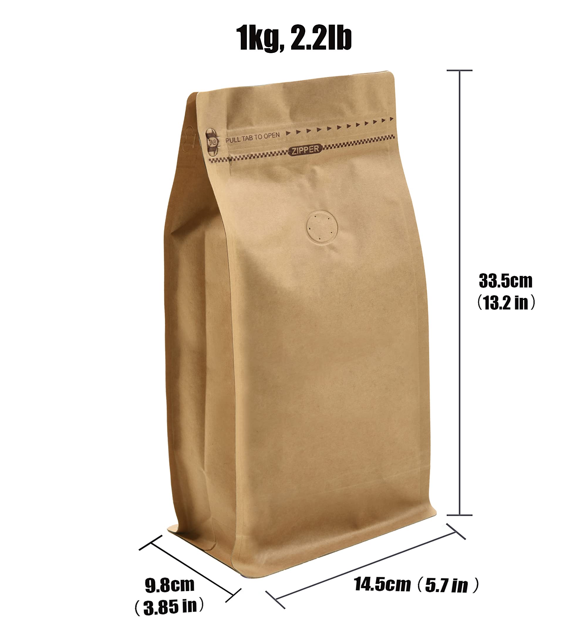 50 Pieces 1 Kg Kraft Paper Stand Up Coffee Bag/Flat Bottom Pouch with Air Release Valve and Reusable Side Zipper. (50pcs, 2.2lb/32oz/1kg)