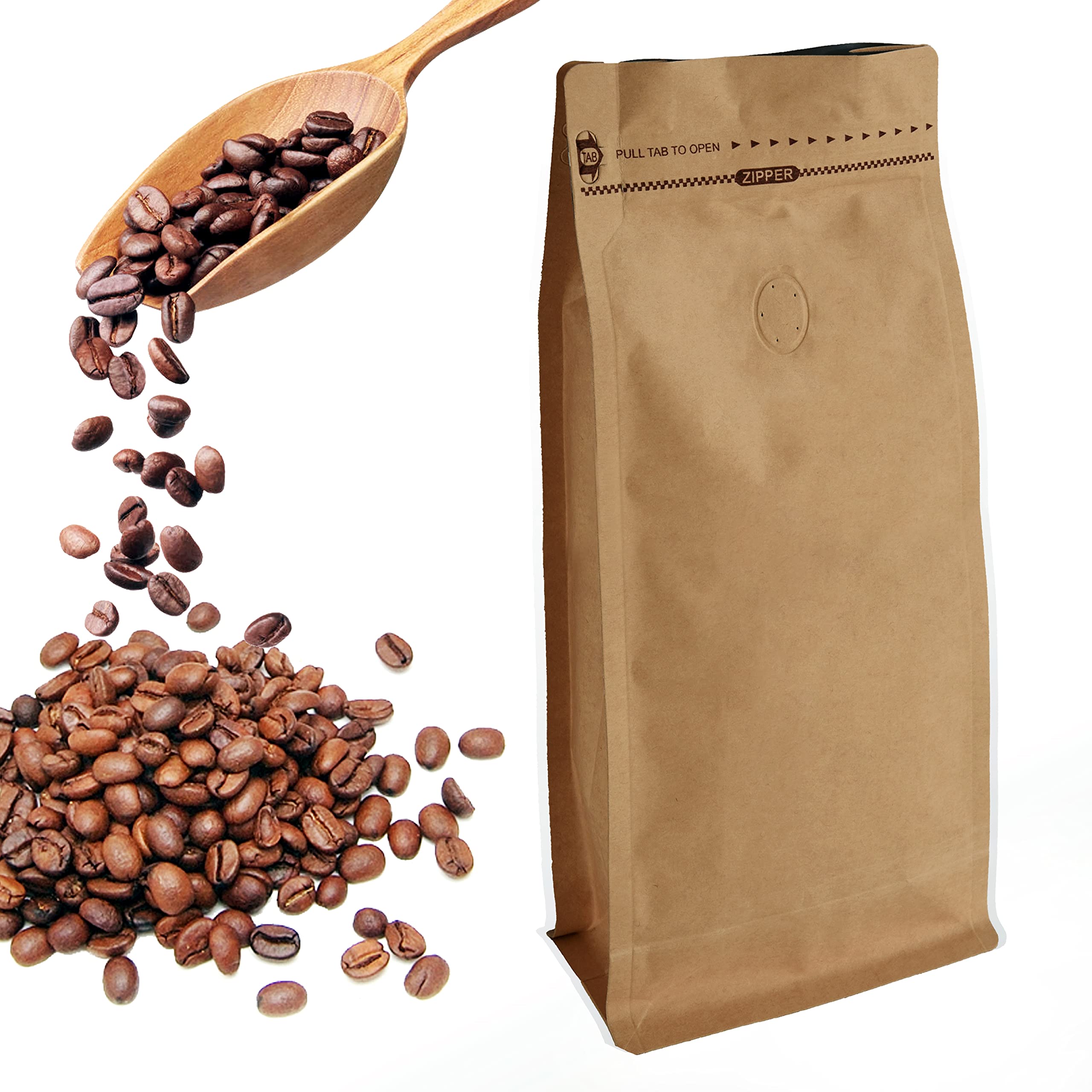 50 Pieces 1 Kg Kraft Paper Stand Up Coffee Bag/Flat Bottom Pouch with Air Release Valve and Reusable Side Zipper. (50pcs, 2.2lb/32oz/1kg)