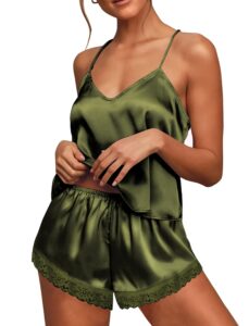 ekouaer sleepwear for women silk pajamas shorts set soft v neck satin cami tops nightwear, army green medium