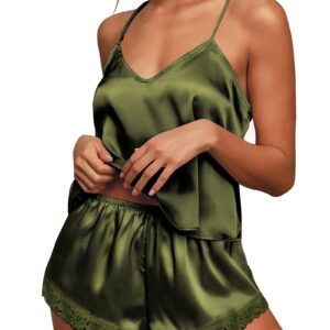 Ekouaer Sleepwear for Women Silk Pajamas Shorts Set Soft V Neck Satin Cami Tops Nightwear, Army Green Medium