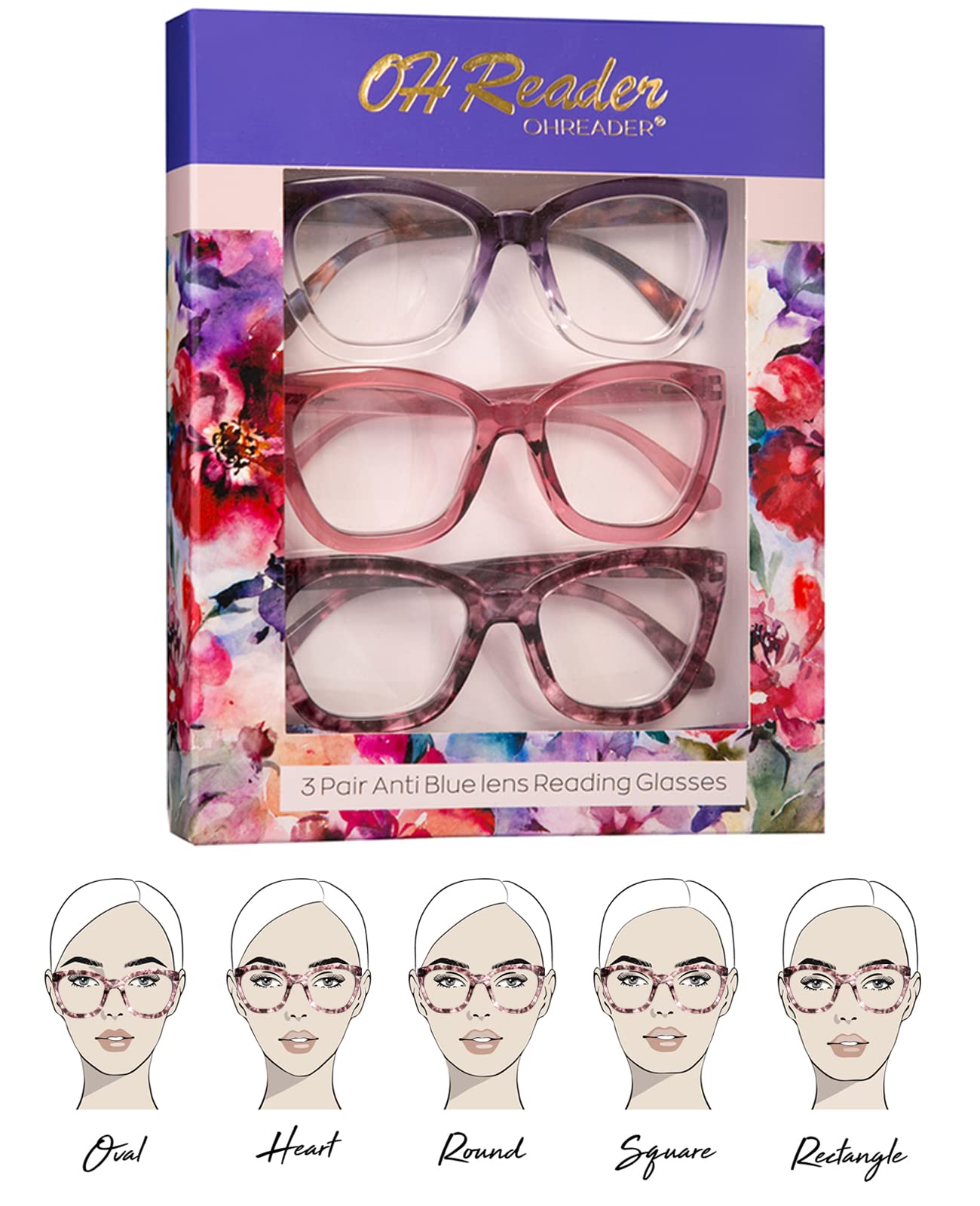 OHREADER Women Reading Glasses Blue Light Glasses-Oversized Readers for Women Computer Eyelgasses Spring Hinge (Purple/Pink/Pink tortoise, 3.00, x)