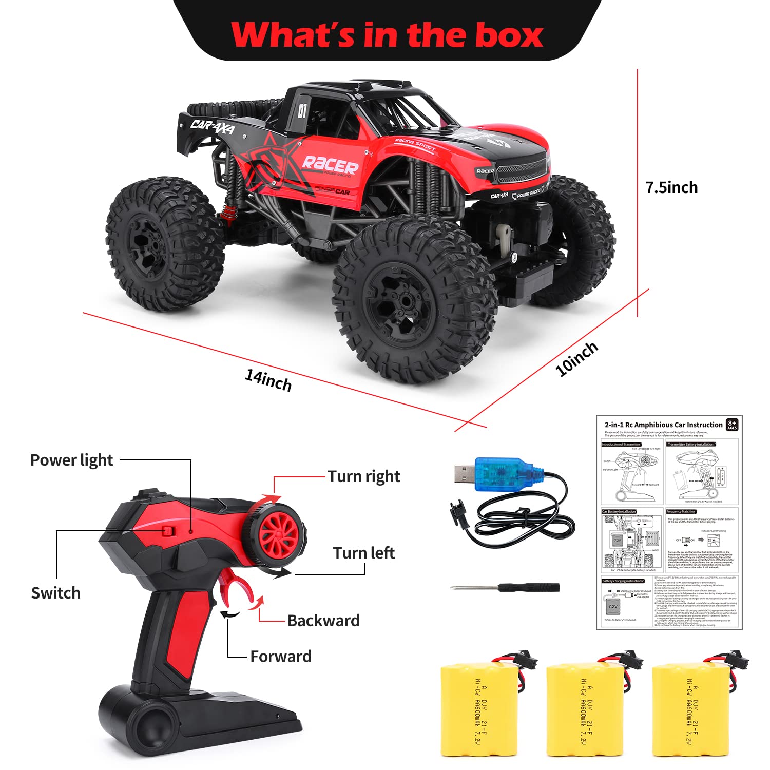 JONEALA RC Trucks 4x4 Offroad Waterproof - 1:12 Scale Large Amphibious Remote Control Car, Dual Motors Crawler Vehicle, Monster Toys with 3 Rechargeable Batteries, Best Gift for Kids Adults