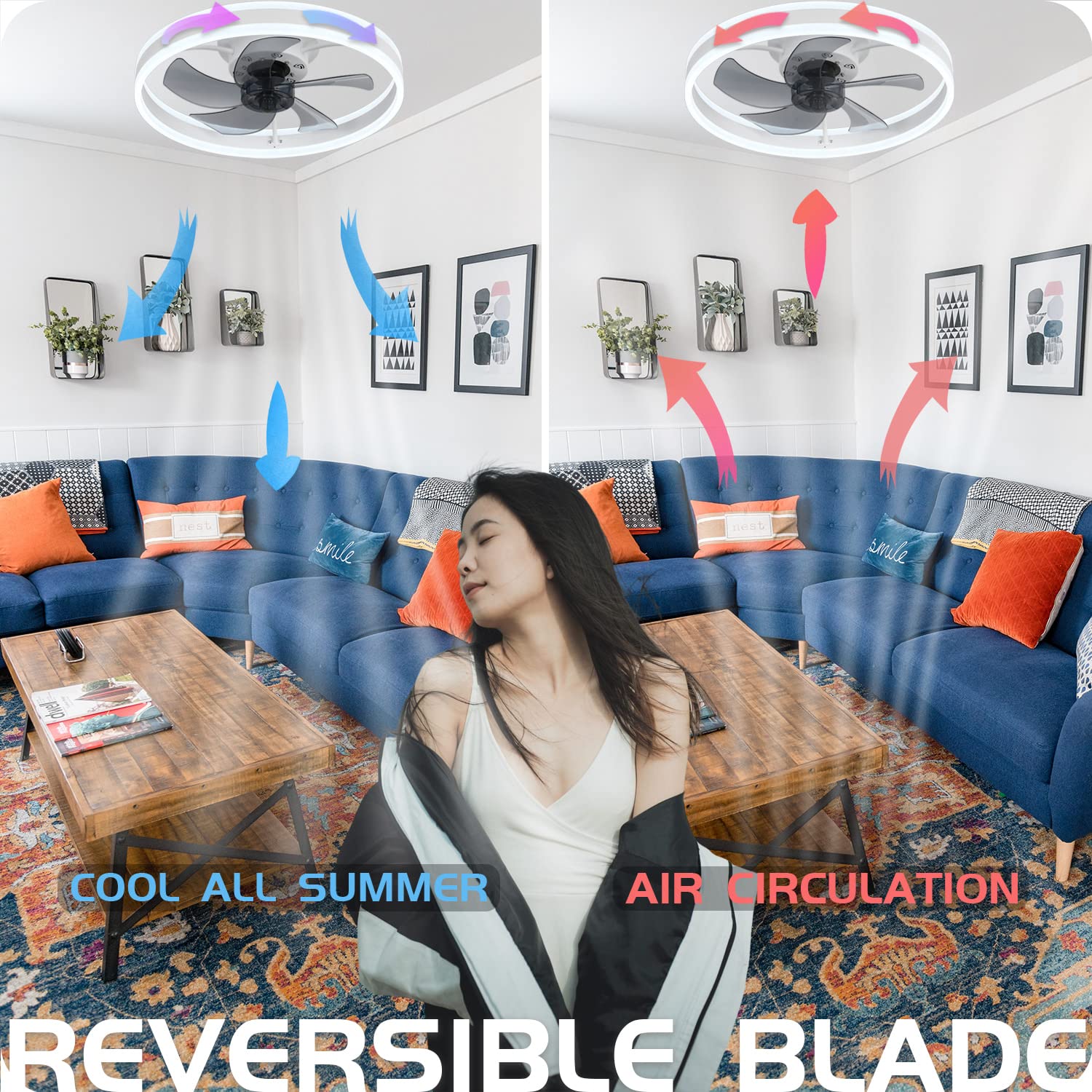 DewShrimp Flush Mount Ceiling Fan with Lights Bladeless Ceiling Fan with Bluetooth Speaker App and Remote Control Low Profile Ceiling Fan LED Stepless Dimming 3 Colors 6 Speeds Reversible 19.8