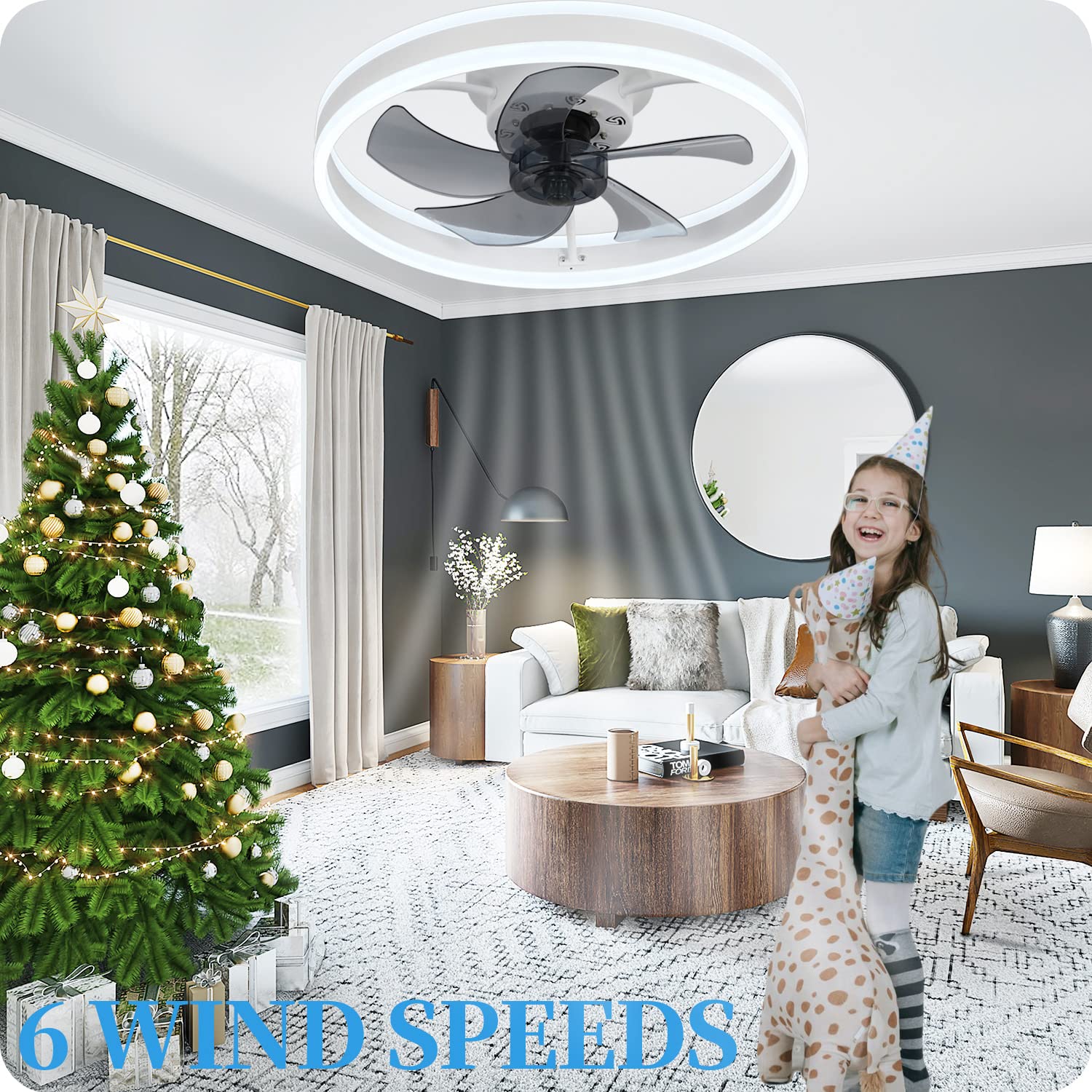 DewShrimp Flush Mount Ceiling Fan with Lights Bladeless Ceiling Fan with Bluetooth Speaker App and Remote Control Low Profile Ceiling Fan LED Stepless Dimming 3 Colors 6 Speeds Reversible 19.8