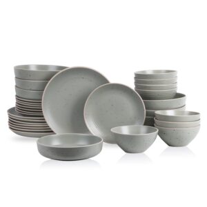 stone lain lauren modern stoneware 32-piece round dinnerware set, plates and bowls set, dish set for 8, green