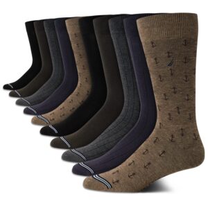 nautica men's dress socks - solid crew socks (10 pack), size 6-12.5, khaki/navy/black