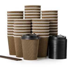 litopak 80 pack 12 oz paper coffee cups, insulated ripple wall paper cups with lid and straws, three layer insulated hot beverage cups for drinks, coffee cups for parties, picnic, and travel.