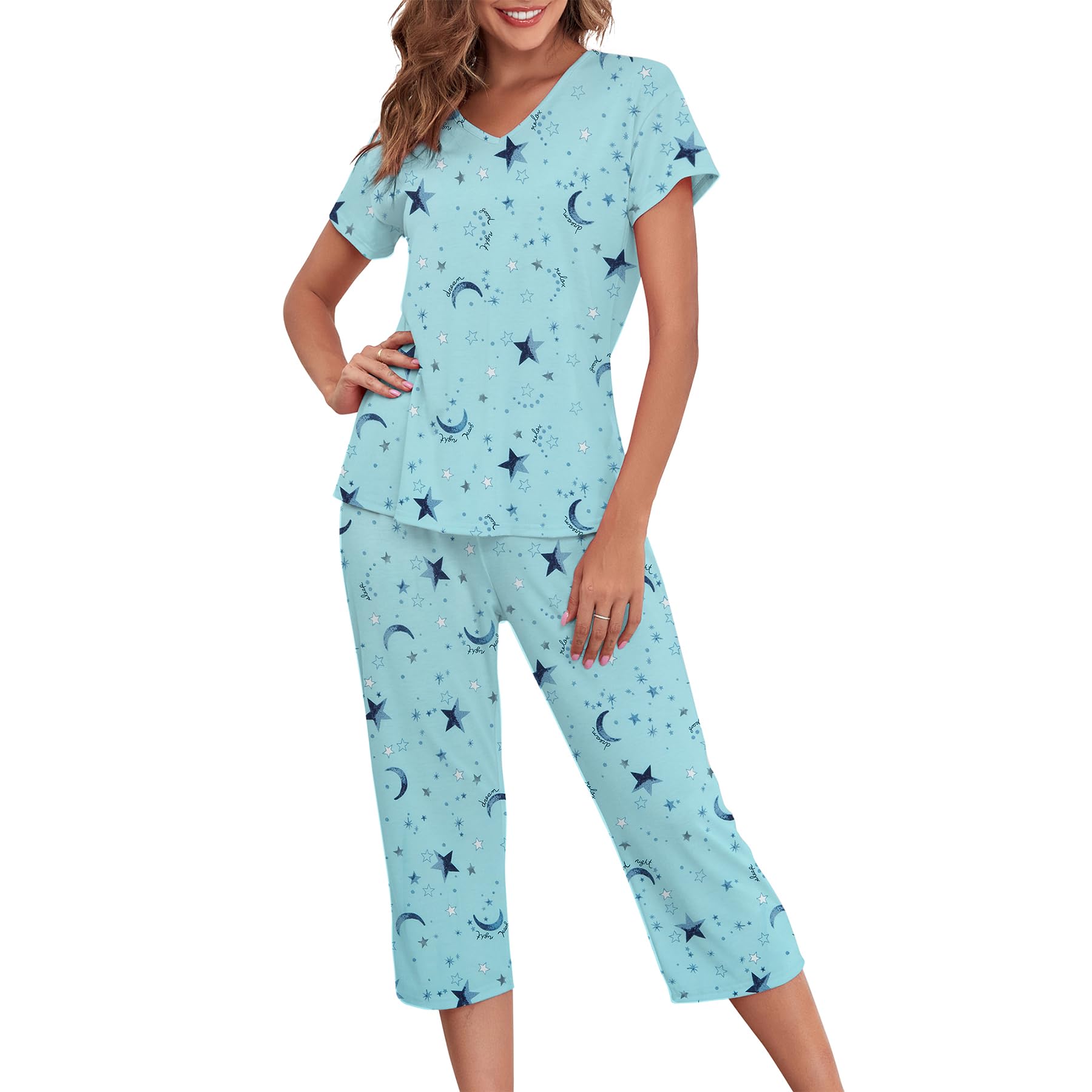 Zando Pajamas for Women Two Piece Lounge Sets Short Sleeve Womens Pajama Sets Soft Capri Pajama Pants Cotton PJS for Women Set Cute Lounge Pants Comfy PJ Pants PJ Set Green Stars Medium