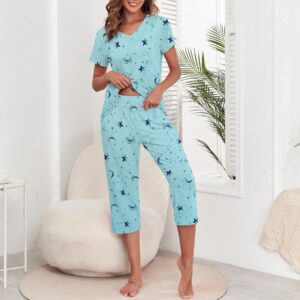 Zando Pajamas for Women Two Piece Lounge Sets Short Sleeve Womens Pajama Sets Soft Capri Pajama Pants Cotton PJS for Women Set Cute Lounge Pants Comfy PJ Pants PJ Set Green Stars Medium