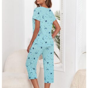 Zando Pajamas for Women Two Piece Lounge Sets Short Sleeve Womens Pajama Sets Soft Capri Pajama Pants Cotton PJS for Women Set Cute Lounge Pants Comfy PJ Pants PJ Set Green Stars Medium