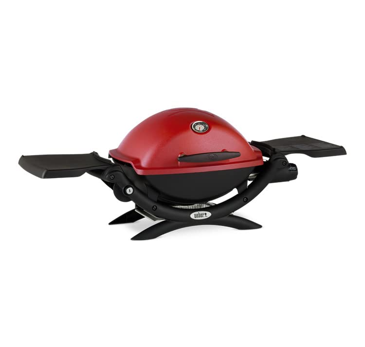 Weber Q1200 Liquid Propane Grill (Red) Bundle with Portable Cart, Adapter Hose and Grill Cover (4 Items)