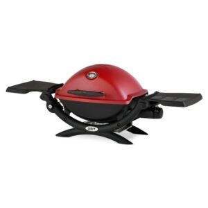 Weber Q1200 Liquid Propane Grill (Red) Bundle with Portable Cart, Adapter Hose and Grill Cover (4 Items)