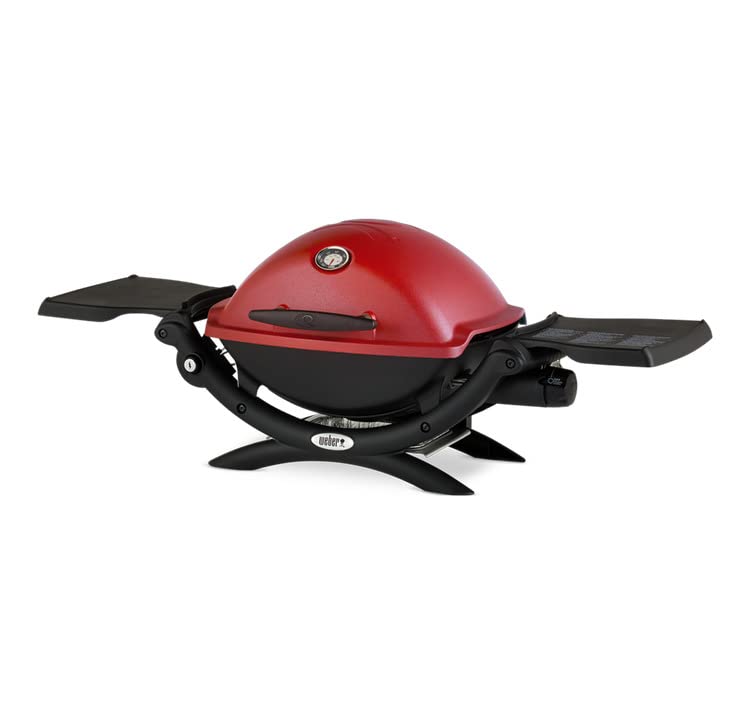 Weber Q1200 Liquid Propane Grill (Red) Bundle with Portable Cart, Adapter Hose and Grill Cover (4 Items)