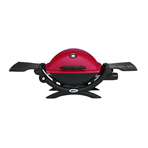 Weber Q1200 Liquid Propane Grill (Red) Bundle with Portable Cart, Adapter Hose and Grill Cover (4 Items)