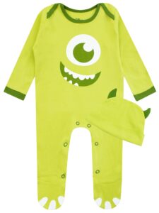 disney monsters inc baby onesie with hat| mike wazowski baby halloween costume | monsters inc baby footed pajamas and hat | green 6-9m