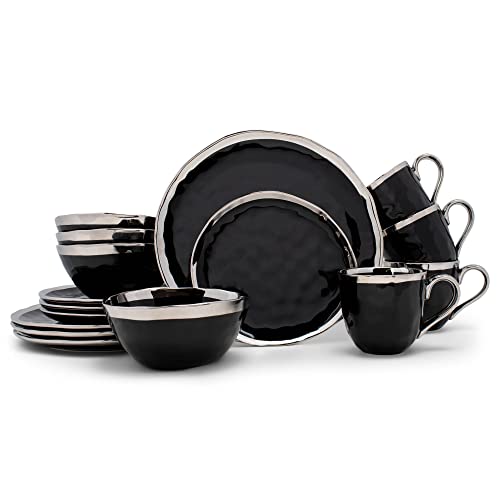 Elanze Designs 16-Piece Metallic Bubble Porcelain Ceramic Plates Bowls Mugs Dinnerware Set - Service for 4, Black With Silver Accents