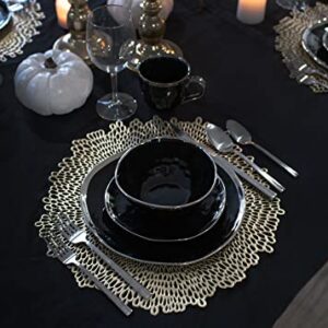 Elanze Designs 16-Piece Metallic Bubble Porcelain Ceramic Plates Bowls Mugs Dinnerware Set - Service for 4, Black With Silver Accents