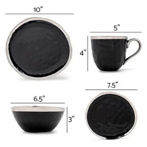 Elanze Designs 16-Piece Metallic Bubble Porcelain Ceramic Plates Bowls Mugs Dinnerware Set - Service for 4, Black With Silver Accents