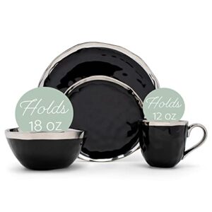 Elanze Designs 16-Piece Metallic Bubble Porcelain Ceramic Plates Bowls Mugs Dinnerware Set - Service for 4, Black With Silver Accents