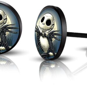 SIISPRI 316L Surgical Stainless Steel Halloween Jack Skellington Round Circle Button Stud Post Earrings 10MM (black-blue)