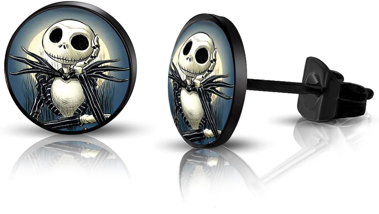 SIISPRI 316L Surgical Stainless Steel Halloween Jack Skellington Round Circle Button Stud Post Earrings 10MM (black-blue)