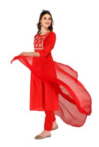 mahich women's rayon anarkali kurti, plazzo with dupatta set (l) red