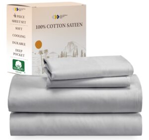 california design den soft 100% cotton sheets full size bed sheet set with deep pockets, 4 piece full size sheet sets with sateen weave, cooling sheets (light grey)