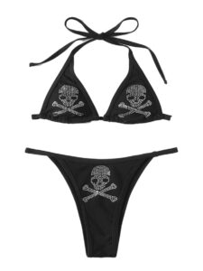 wdirara women's skull pattern halter triangle thong sexy 2 piece bikini swimsuit black l