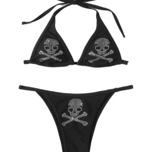 WDIRARA Women's Skull Pattern Halter Triangle Thong Sexy 2 Piece Bikini Swimsuit Black L