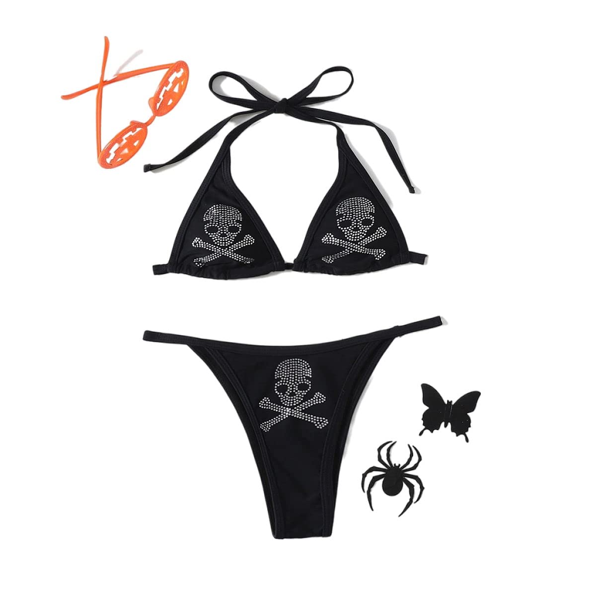 WDIRARA Women's Skull Pattern Halter Triangle Thong Sexy 2 Piece Bikini Swimsuit Black L