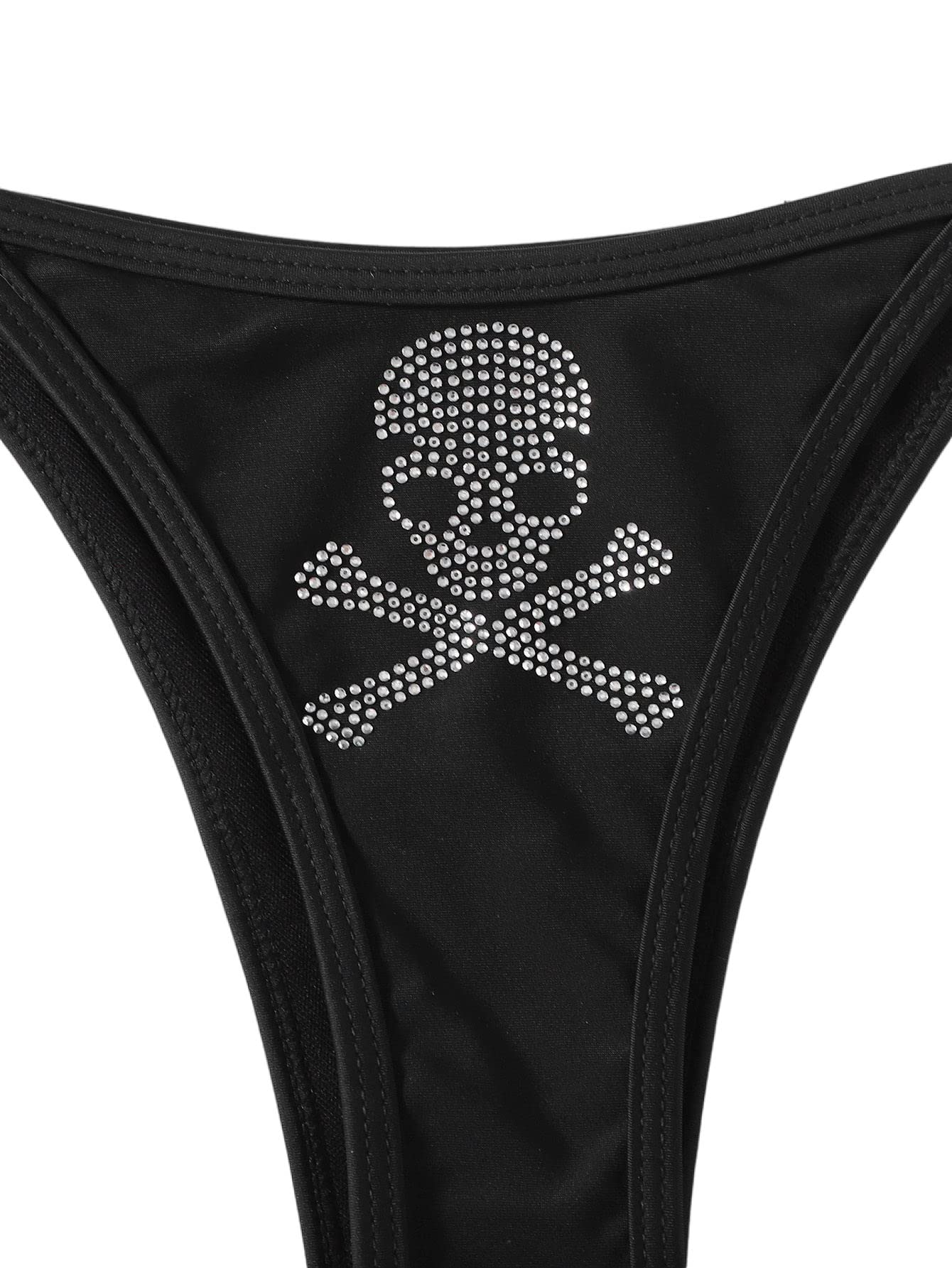 WDIRARA Women's Skull Pattern Halter Triangle Thong Sexy 2 Piece Bikini Swimsuit Black L