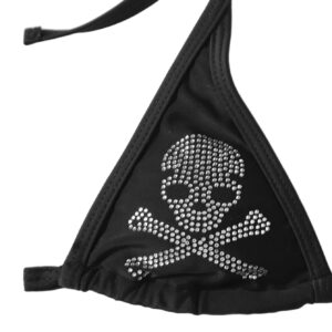 WDIRARA Women's Skull Pattern Halter Triangle Thong Sexy 2 Piece Bikini Swimsuit Black L