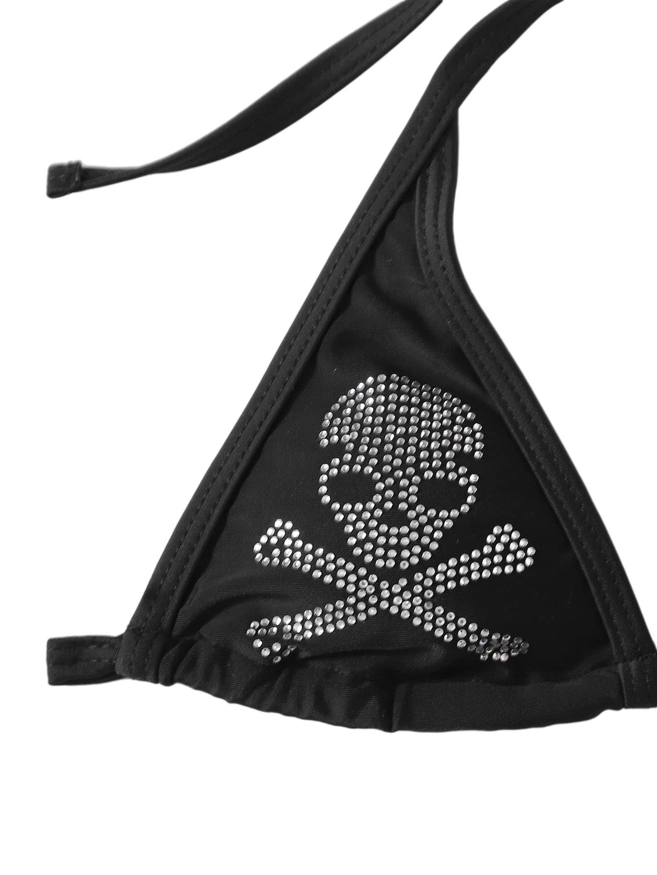 WDIRARA Women's Skull Pattern Halter Triangle Thong Sexy 2 Piece Bikini Swimsuit Black L