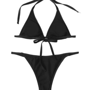 WDIRARA Women's Skull Pattern Halter Triangle Thong Sexy 2 Piece Bikini Swimsuit Black L