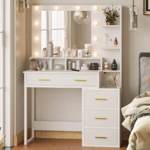 tiptiper white makeup vanity with 10 light bulbs, modern vanity desk with mirror & 3 lighting modes, vanity table with 2 usb ports and outlets, makeup desk with nightstand, storage shelves and drawers