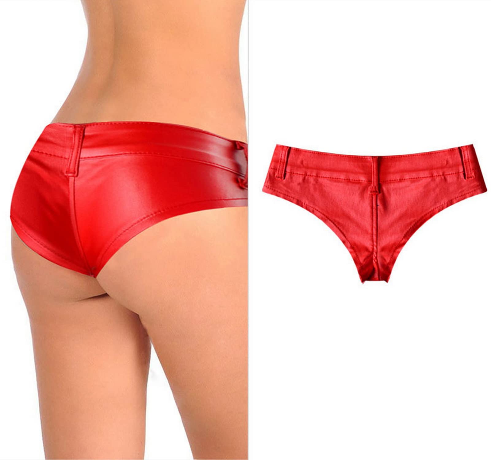 Faringoto Red Girls Low Rise Stretch PU Coated Faux Leather Button Zip Hot Pants