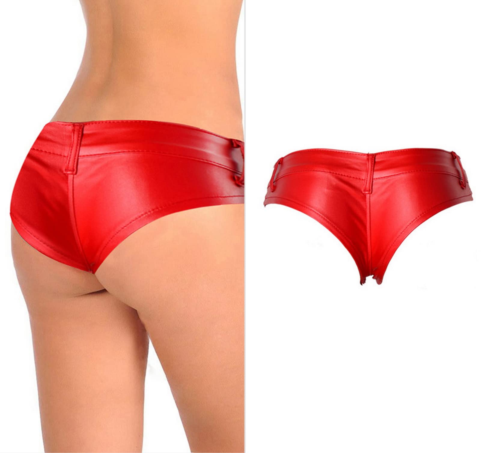 Faringoto Red Girls Low Rise Stretch PU Coated Faux Leather Button Zip Hot Pants