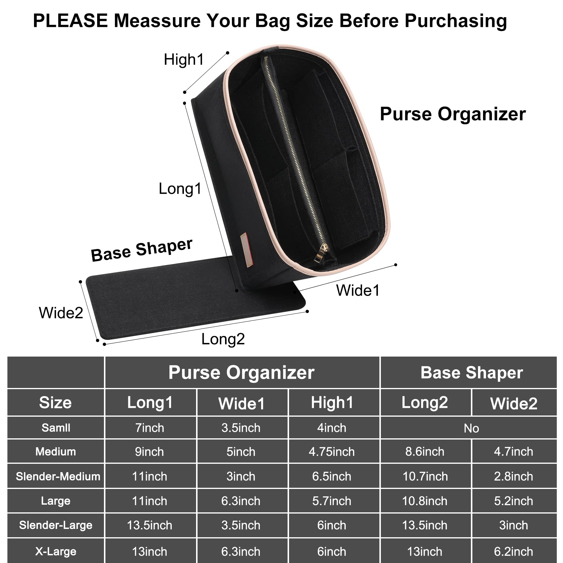 Doxo Purse Organizer Insert for Handbags & Base Shaper 2pc Set, Compatible with LV Speedy Nererfull ONTHEGO Carryall Graceful Noe,Book Tote Bag and More(M-Black)