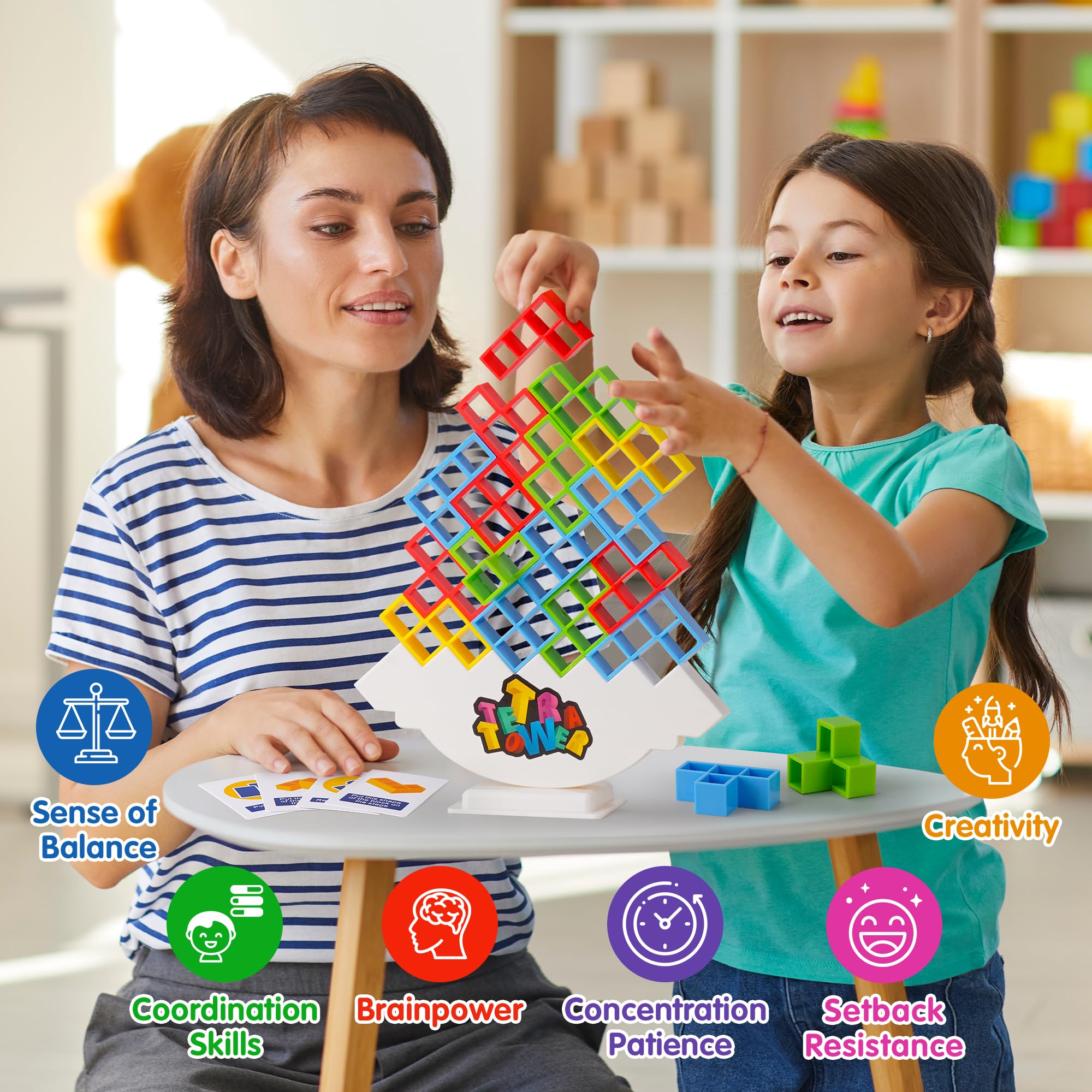 WOWNOVA 32PCS Tetra Tower Stacking Building Balance Block Game Toys for Kids, Adults & Family Game Night, Balancing Blocks Board Games Stacking Fun Toy for Children, Teens, Adults, Friends, Parties