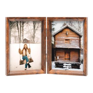 toforevo 4x6 double picture frame rustic brown wooden hinged beveled photo frame definition glass 2 vertical openings stand on desktop tabletop