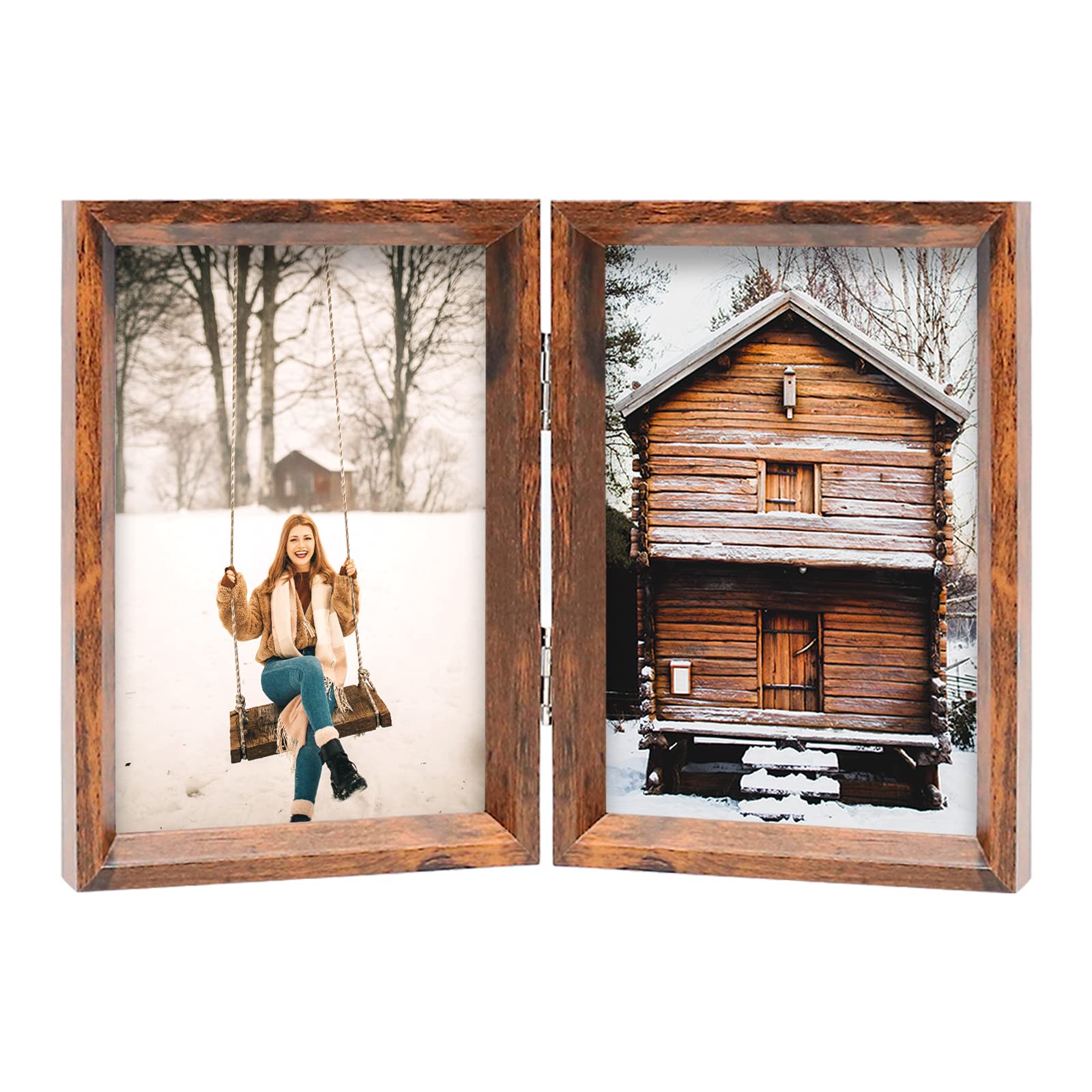 TOFOREVO 4x6 Double Picture Frame Rustic Brown Wooden Hinged Beveled Photo Frame Definition Glass 2 Vertical Openings Stand on Desktop Tabletop