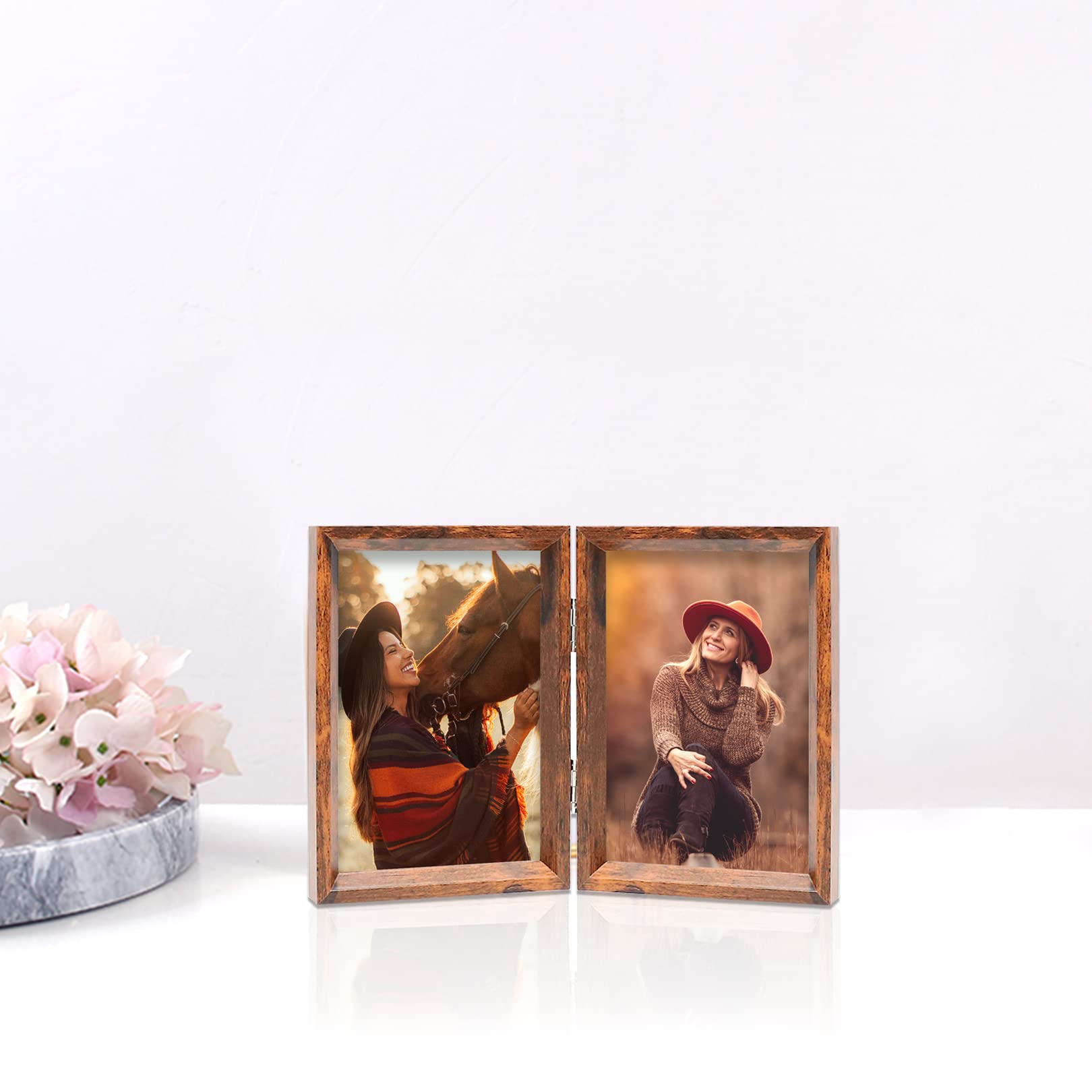 TOFOREVO 4x6 Double Picture Frame Rustic Brown Wooden Hinged Beveled Photo Frame Definition Glass 2 Vertical Openings Stand on Desktop Tabletop