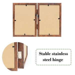 TOFOREVO 4x6 Double Picture Frame Rustic Brown Wooden Hinged Beveled Photo Frame Definition Glass 2 Vertical Openings Stand on Desktop Tabletop