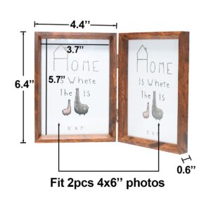 TOFOREVO 4x6 Double Picture Frame Rustic Brown Wooden Hinged Beveled Photo Frame Definition Glass 2 Vertical Openings Stand on Desktop Tabletop