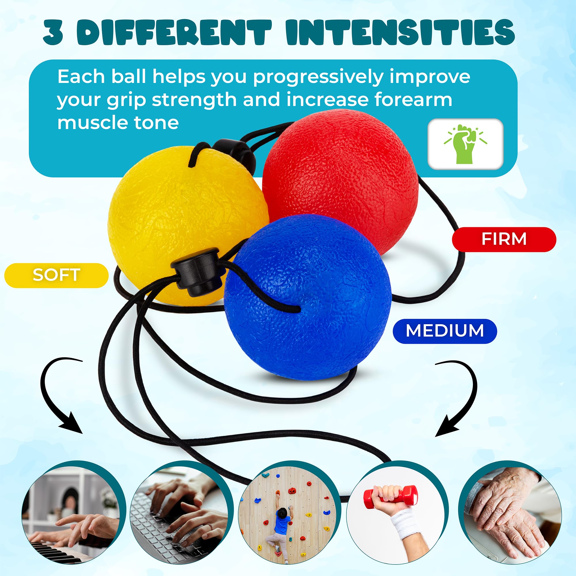 Yupititoy Squeeze Balls for Hand Therapy (Set of 3) – Hand Strengthener Ball on a String – Soft, Medium & Firm Exercise Balls for Rehabilitation, Arthritis, Carpal Tunnel – Stress Balls for Adults