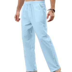 EndoraDore Men's Linen Cotton Pants Slim Fit Joggers Pants Athletic Workout Elastic Trousers Pants Beach Vacation Lightblue