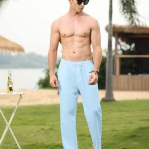 EndoraDore Men's Linen Cotton Pants Slim Fit Joggers Pants Athletic Workout Elastic Trousers Pants Beach Vacation Lightblue