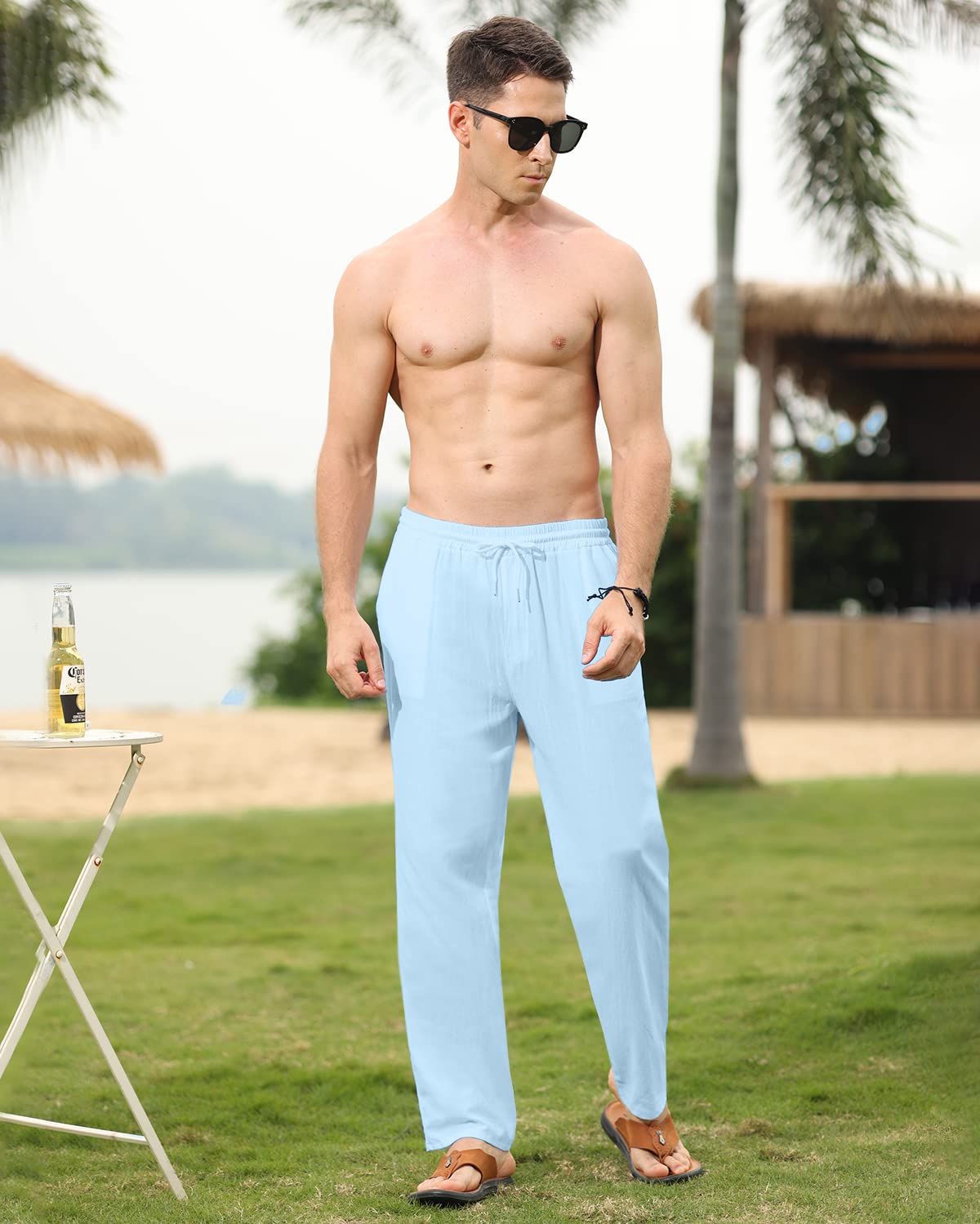 EndoraDore Men's Linen Cotton Pants Slim Fit Joggers Pants Athletic Workout Elastic Trousers Pants Beach Vacation Lightblue