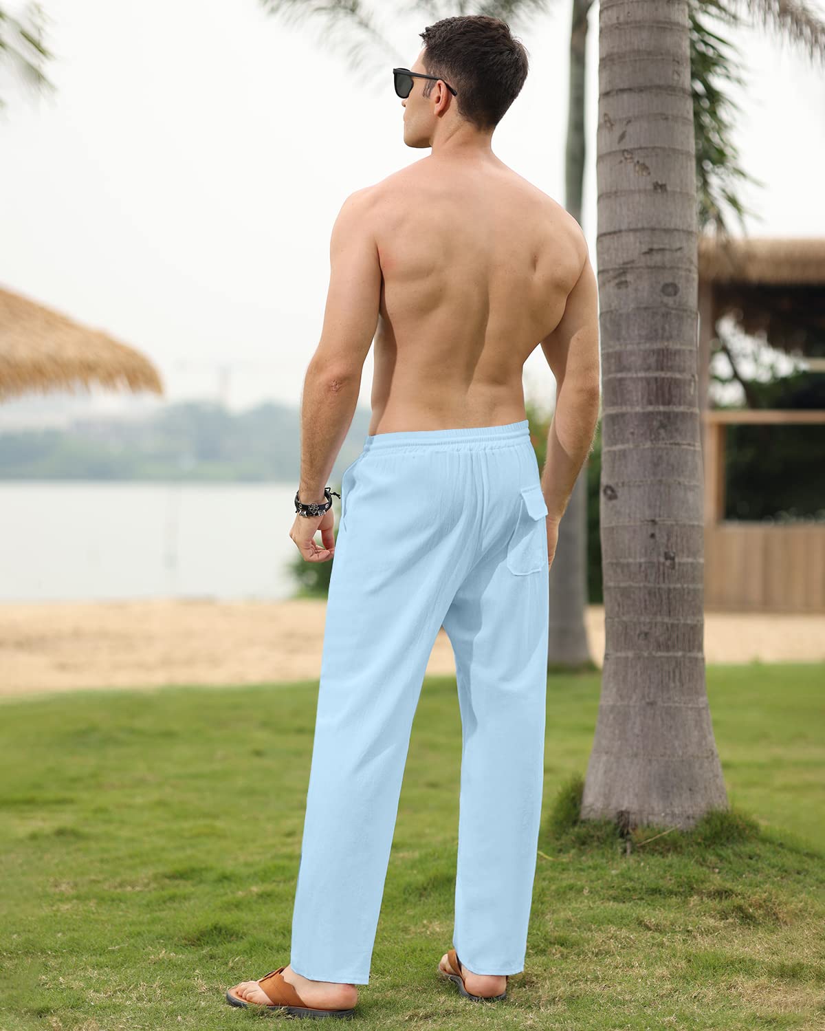 EndoraDore Men's Linen Cotton Pants Slim Fit Joggers Pants Athletic Workout Elastic Trousers Pants Beach Vacation Lightblue